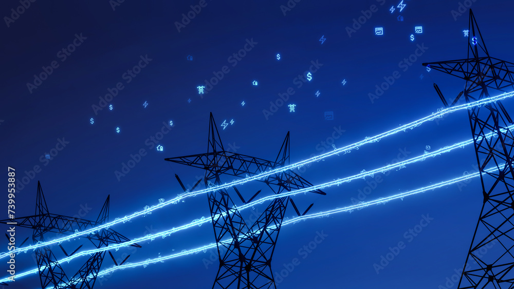 High voltage electric transmission tower with glowing lightning line ...