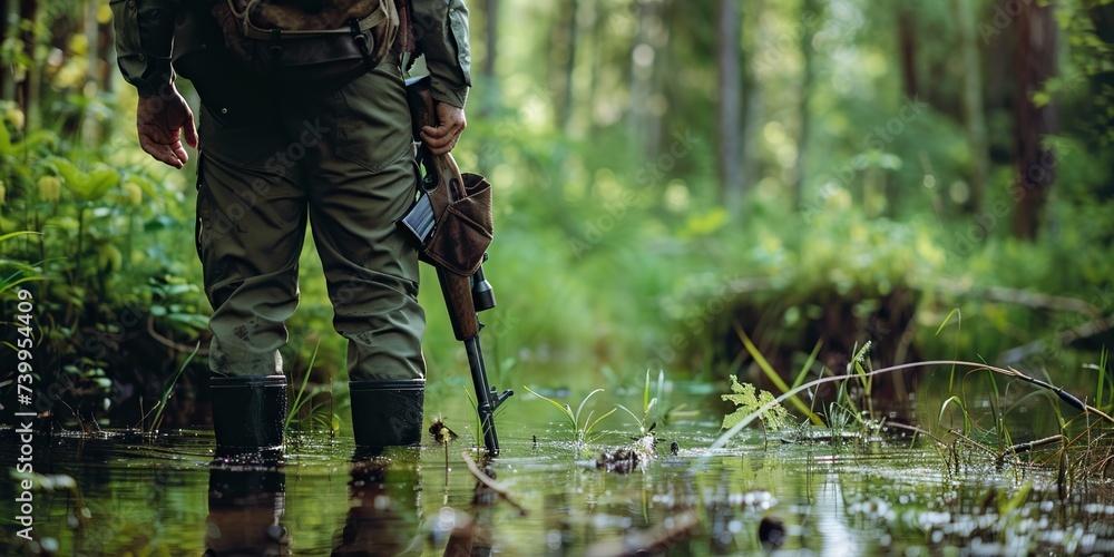 Hunter standing in the swamp in the forest and holding in his hand ...