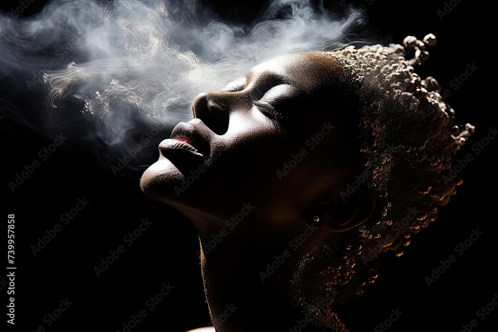 Charming woman exhaling smoke from her mouth and nose, creating a ...