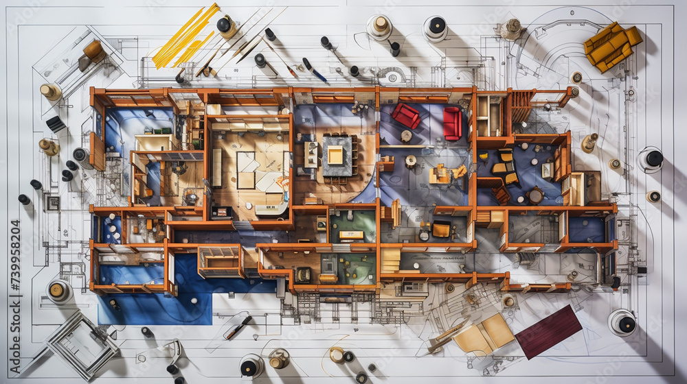 Top view of an architectural model, 3D scale model lay on a drawing ...