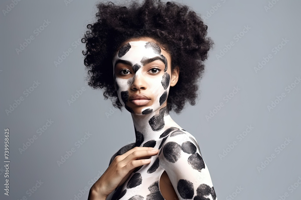Charming woman is depicted with black and white paint on her face ...