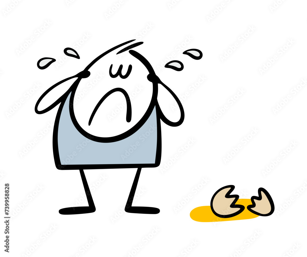 Frustrated child cries over a broken Easter egg. Vector illustration of ...
