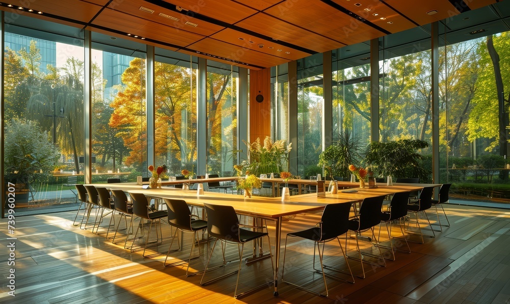A modern eco-friendly boardroom featuring a long conference table ...