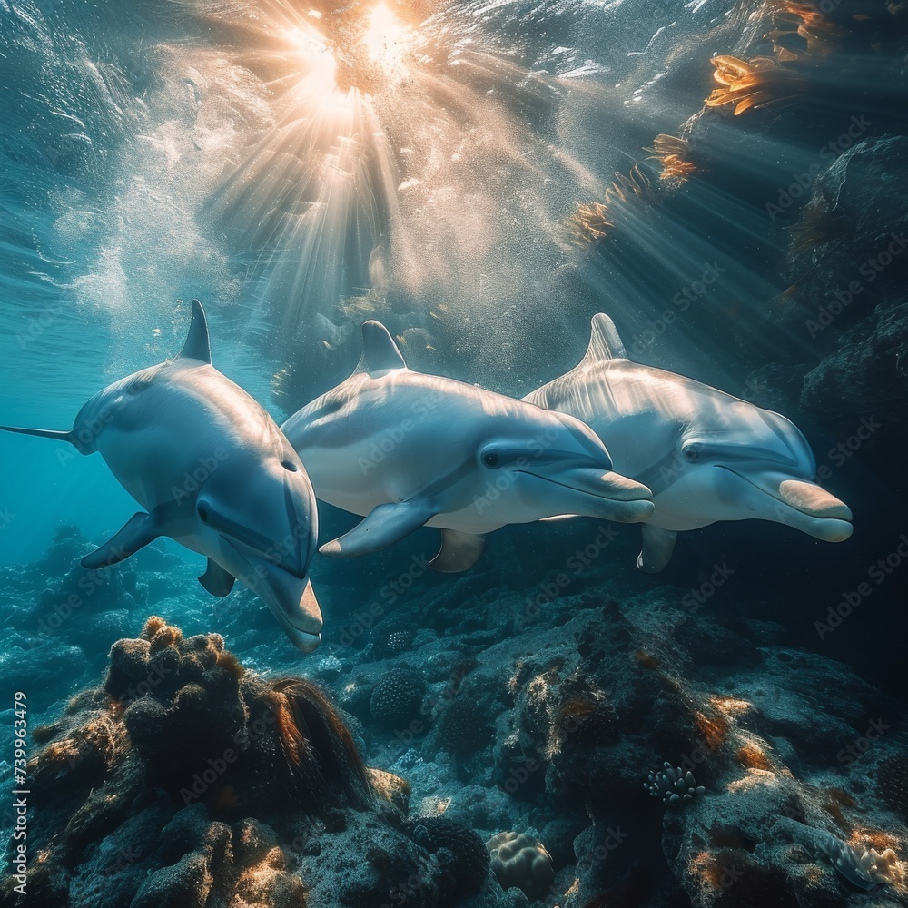An underwater photograph of a playful pod of dolphins swimming ...