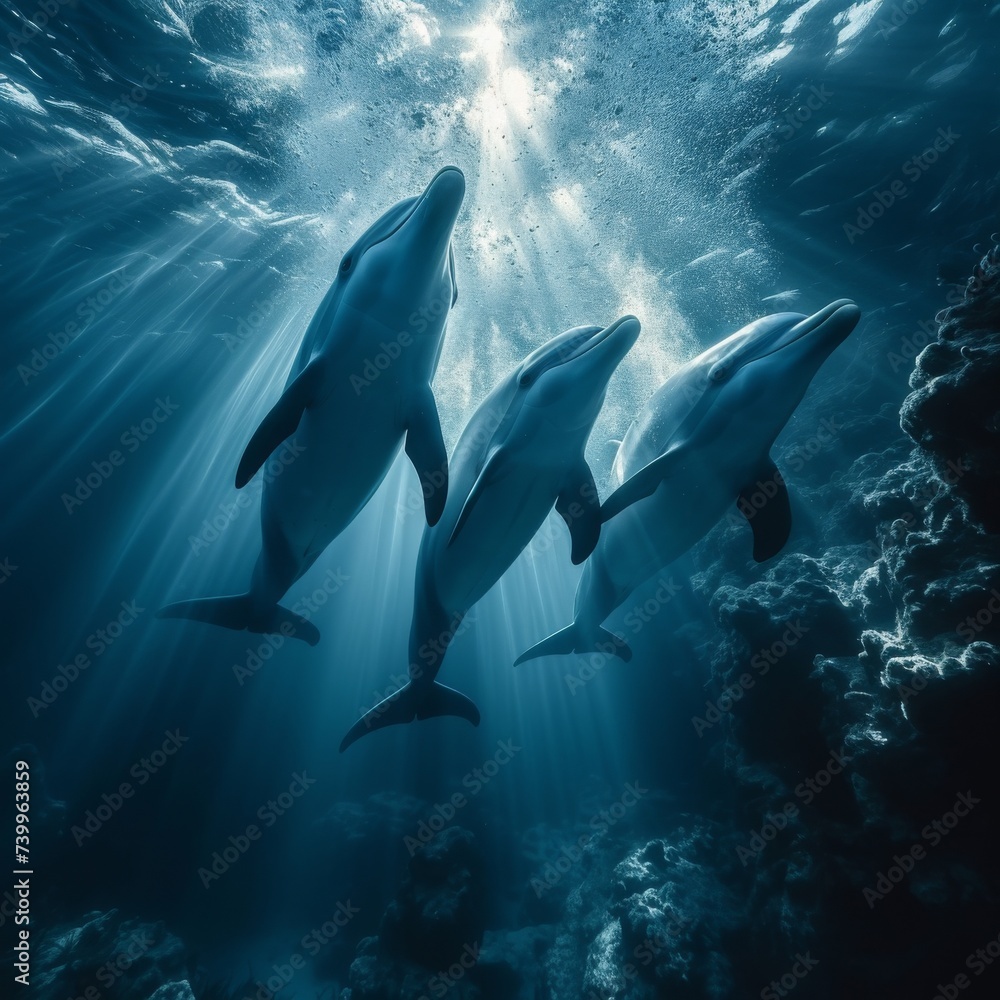 An underwater photograph of a playful pod of dolphins swimming ...
