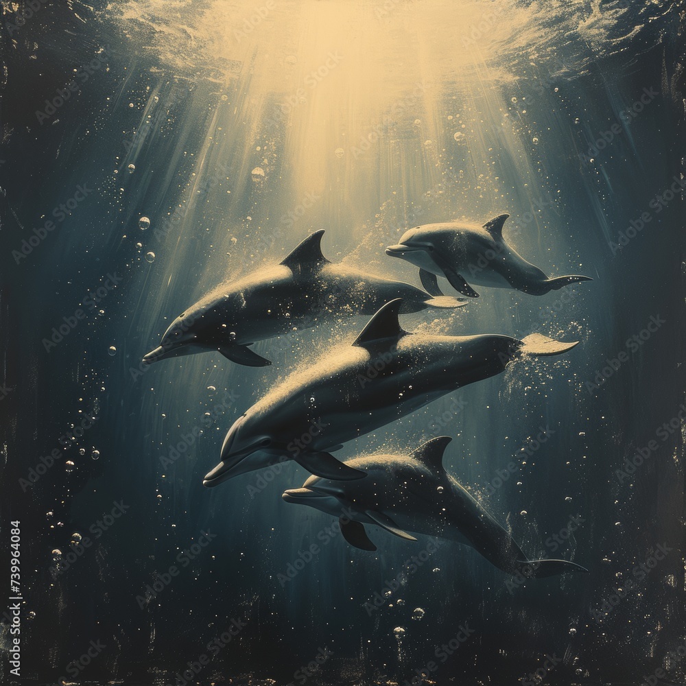 An underwater photograph of a playful pod of dolphins swimming ...