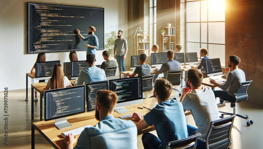 seminar or coding class. The facilitator is pointing to a large screen ...