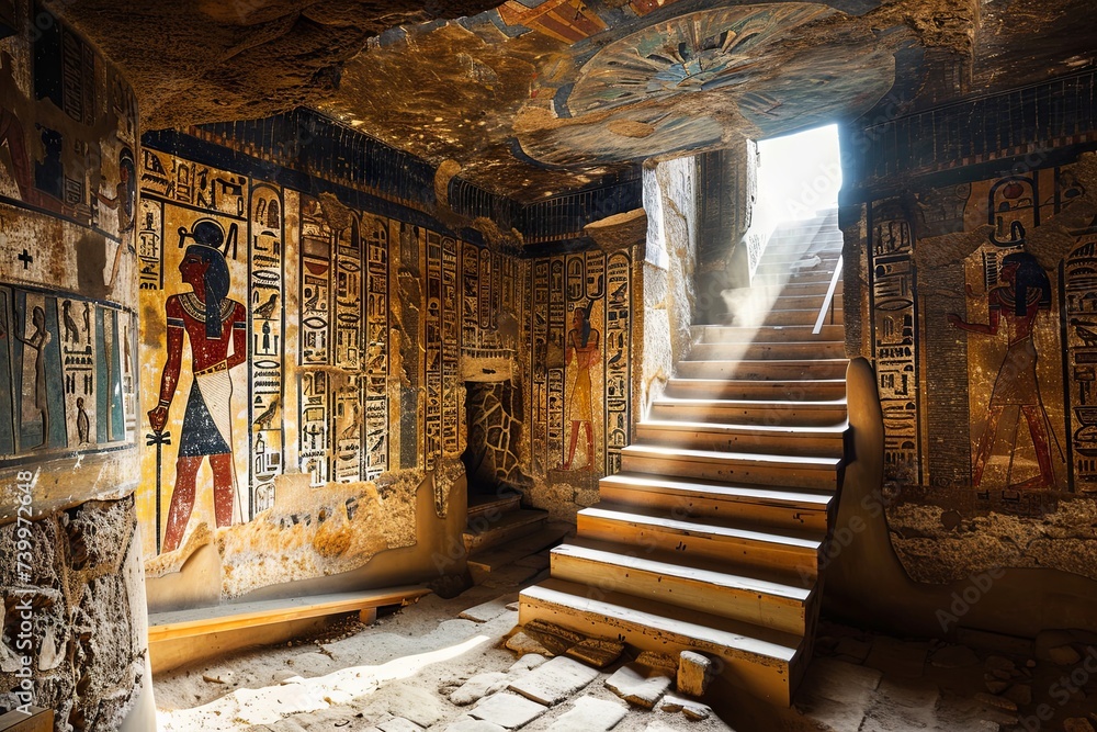 Inside the secret tomb of an Egyptian King, pyramid interiors illuminated by natural light with ...