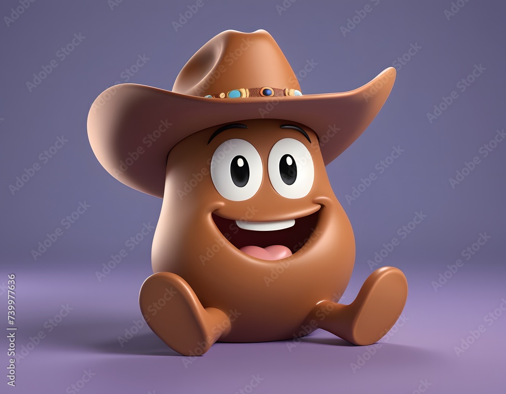 A cartoon poop wearing a cowboy hat is sitting on a purple surface ...