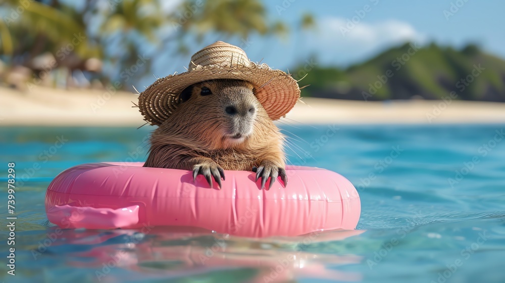 Hello Summer. Super cute capybara wearing straw hat and swimming in the pool. Ai generated image ...