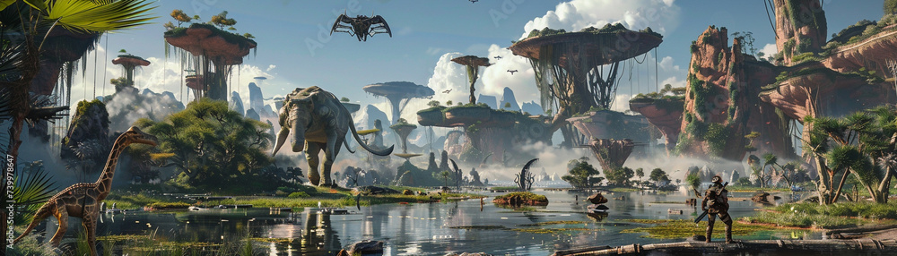 Alien planet exploration with diverse ecosystems creatures and ancient ...