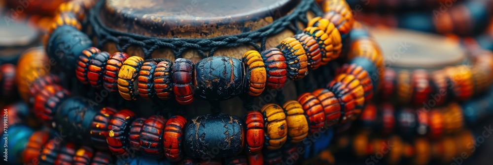 Colorful pattern of traditional African drums and instruments ...