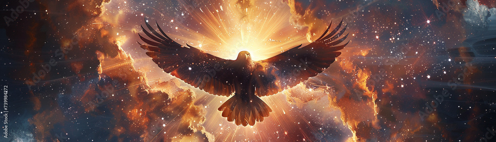 Cosmic dance of an eagle with spread wings sun flares and black hole ...