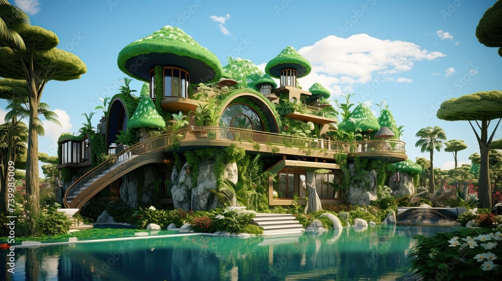botanical themed mansion rich home decorated with plant and roof like a ...