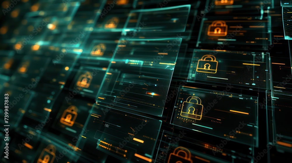 Padlock icon within a complex interface of cyber security network lines ...