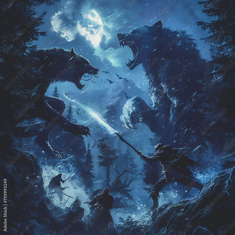 Epic fantasy battle scene where werewolves and vampires clash spells ...