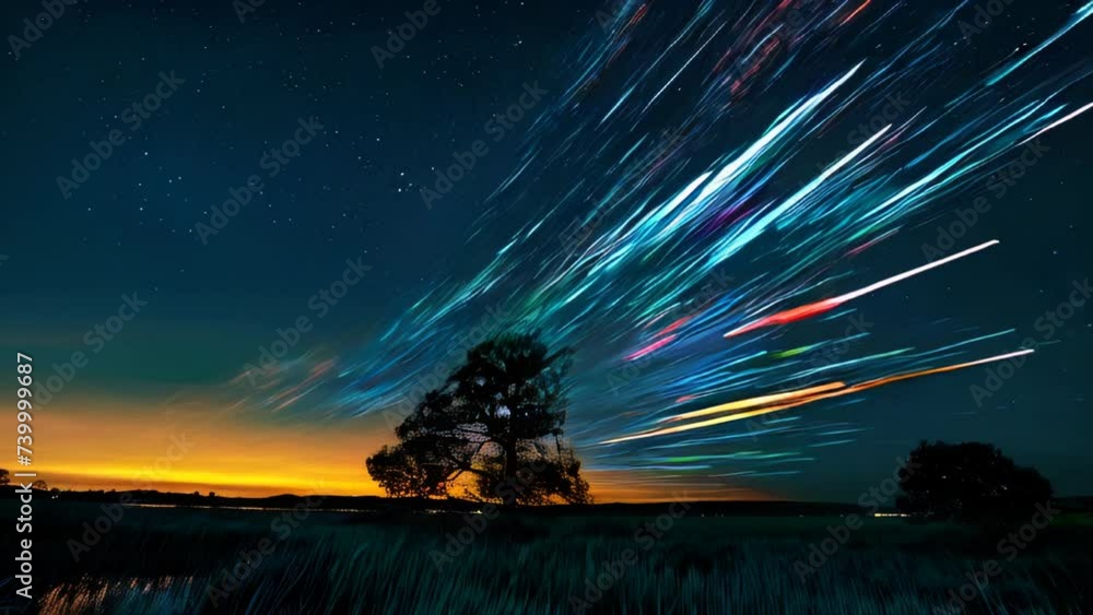 Starlight trails captured by long exposure dance above the vivid colors ...
