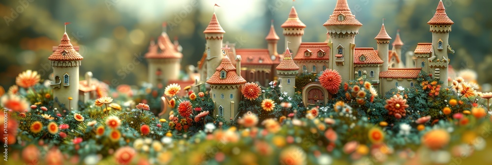 Whimsical pattern of a fairy-tale kingdom with princesses and knights ...