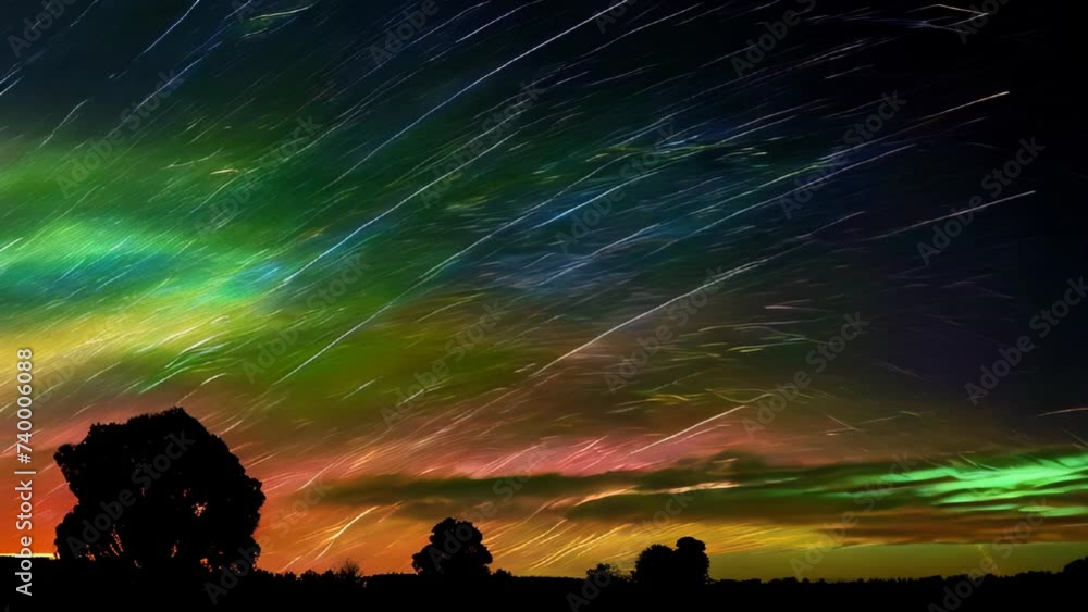 Starlight trails captured by long exposure dance above the vivid colors ...
