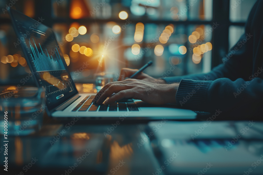 Businessman's hands working on finance, laptop computer with graphic ...