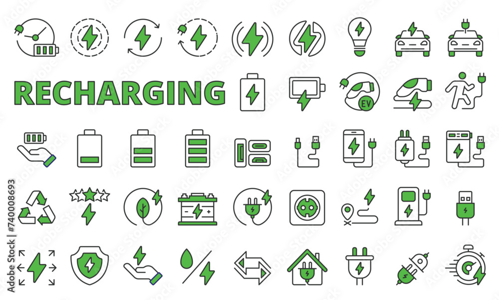 Recharging icons in line design, green. Recharging, battery, icon ...