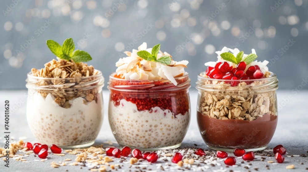 trio of overnight oats in glass jars, each with different toppings ...