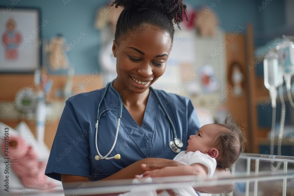 A gentle nurse cradles a precious newborn in a well-equipped hospital ...
