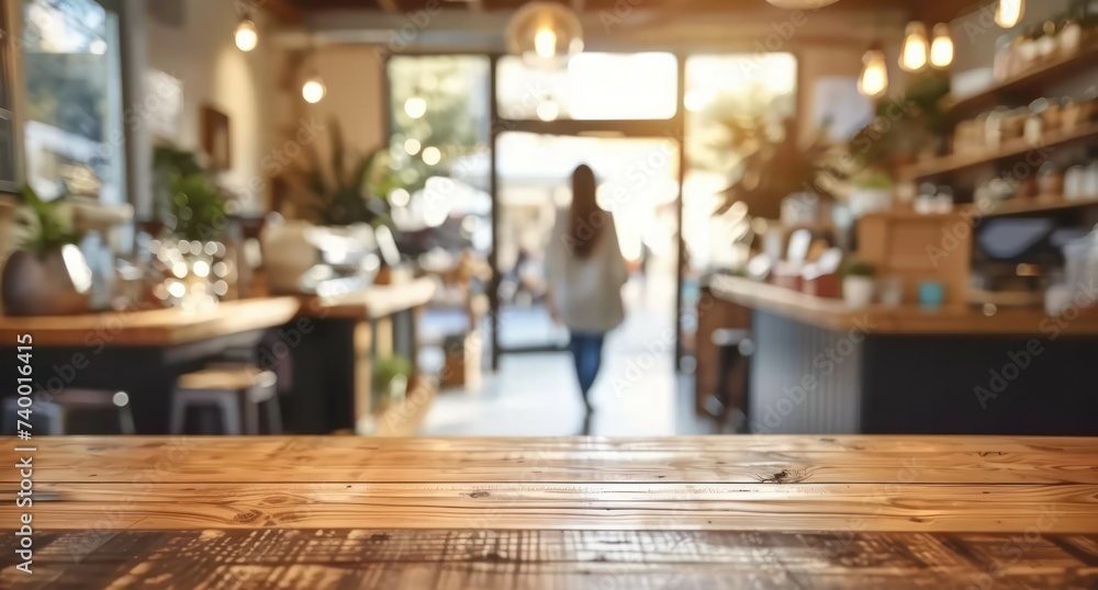 Wooden table in cafe perfect for product placement, with blurred ...