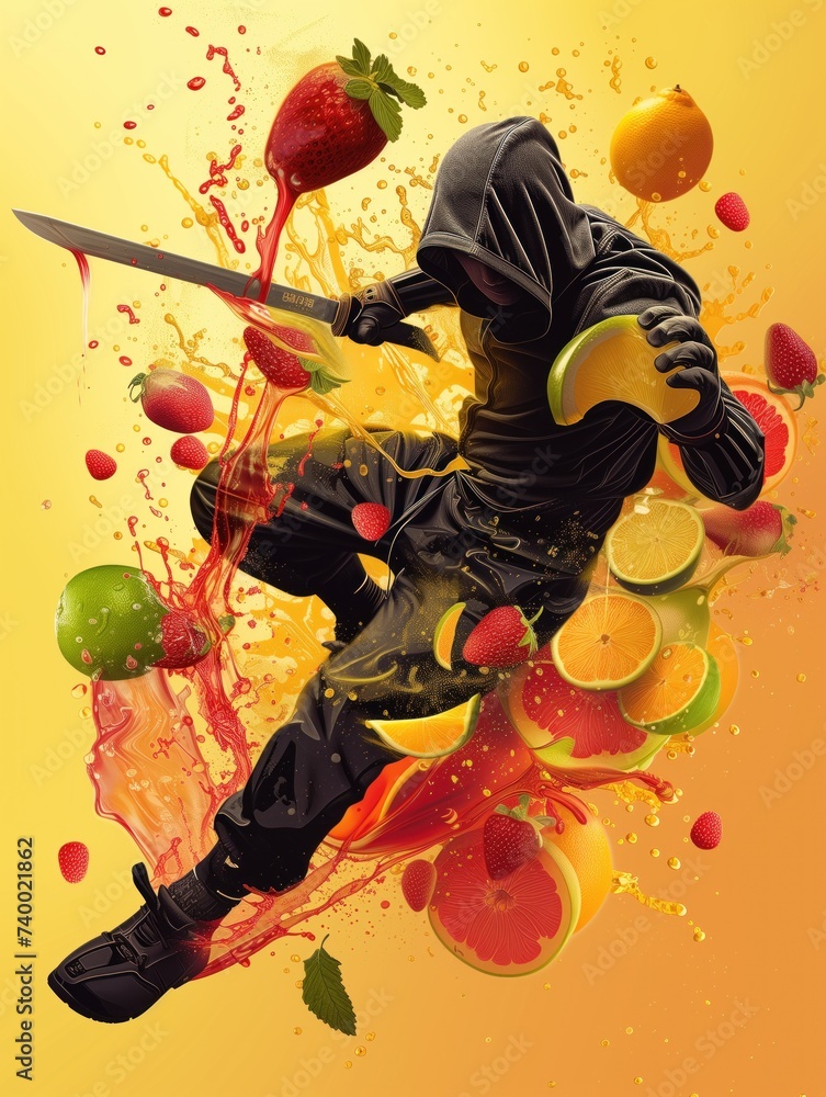 Fresh, juicy fruits. Ninja cut the fruits with his machete. The juice ...