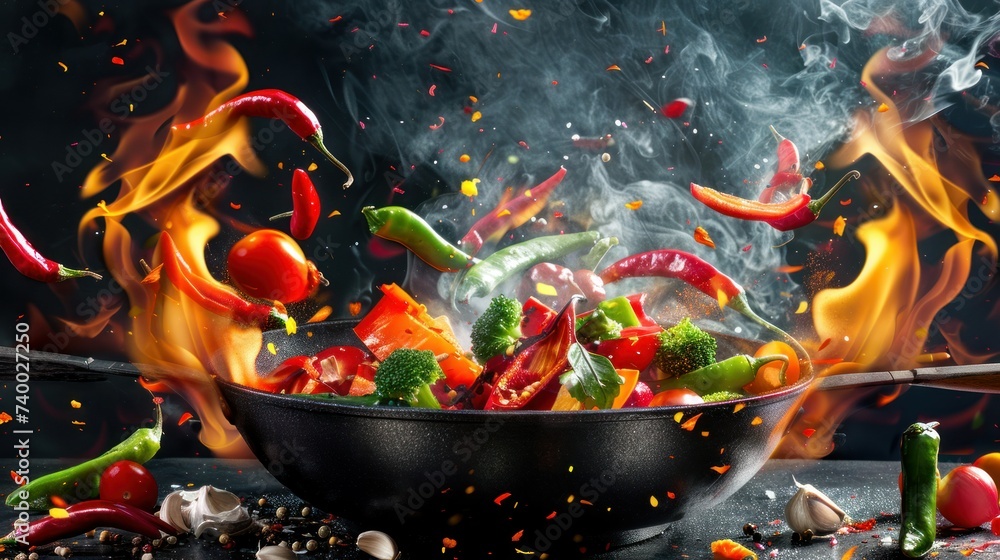 Flaming Stir-Fry Vegetables in Wok Pan. Dynamic image of colorful ...