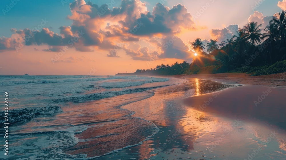 Sunset Reflection on a Quiet Beach Shoreline. The sunset casts a ...