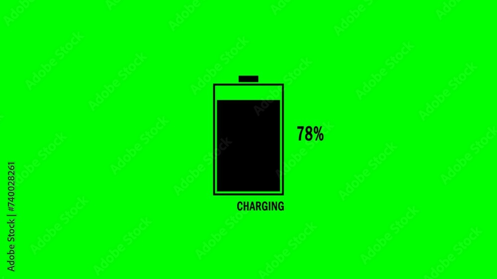 The 4K animated video displays a battery icon charging from 0 to 100 ...