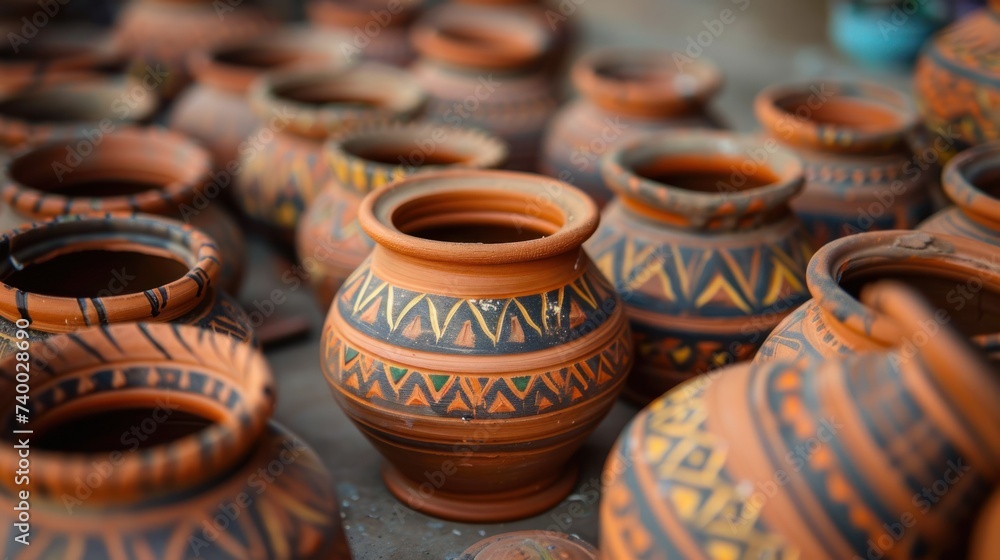 Handcrafted Clay Pots with Traditional Patterns. A collection of ...