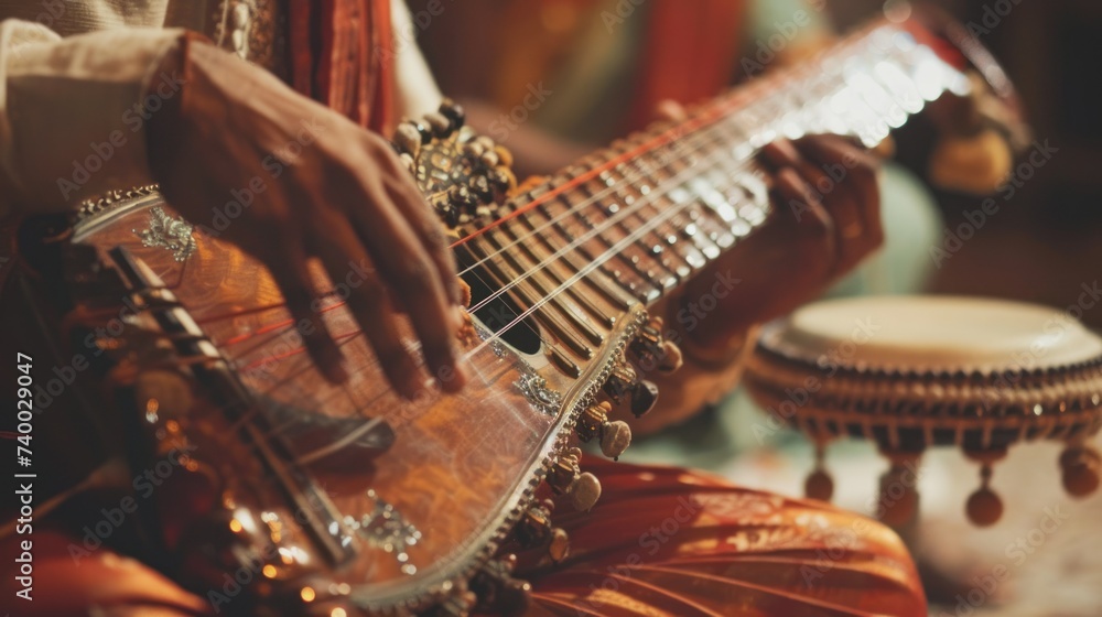 Traditional Sitar Playing Close-Up. Close-up of a musician's hands ...