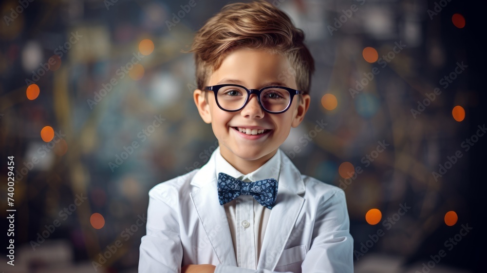 6 year old boy stands as a professor with a bow tie in front of a ...