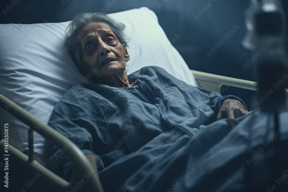 Anxiety, sad senior woman in hospital bed. Old woman mental health ...