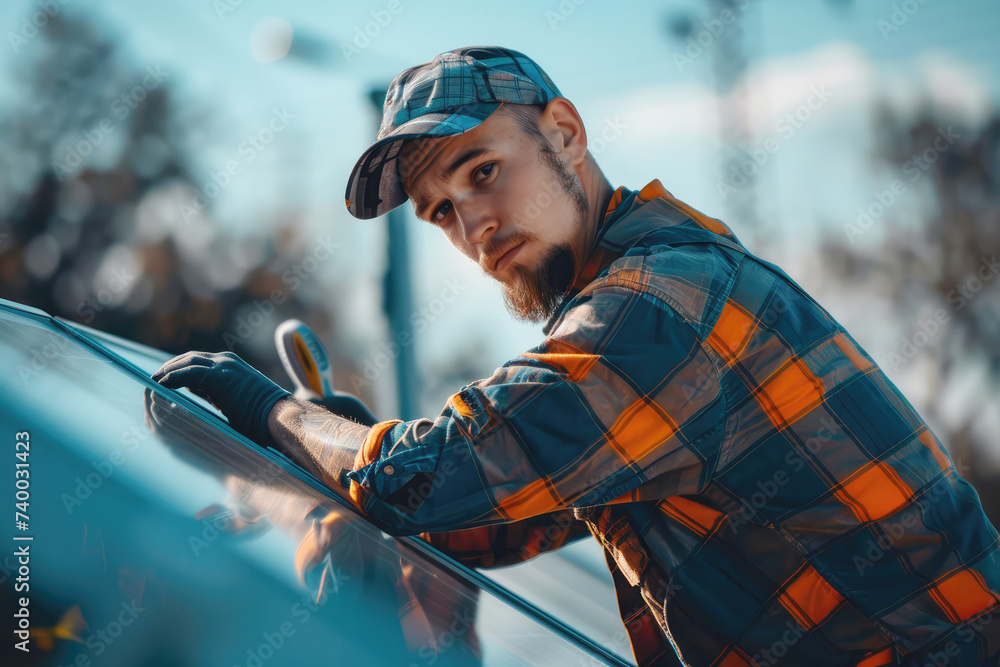 Installer wear coverall and helmet installs solar panel along the ...