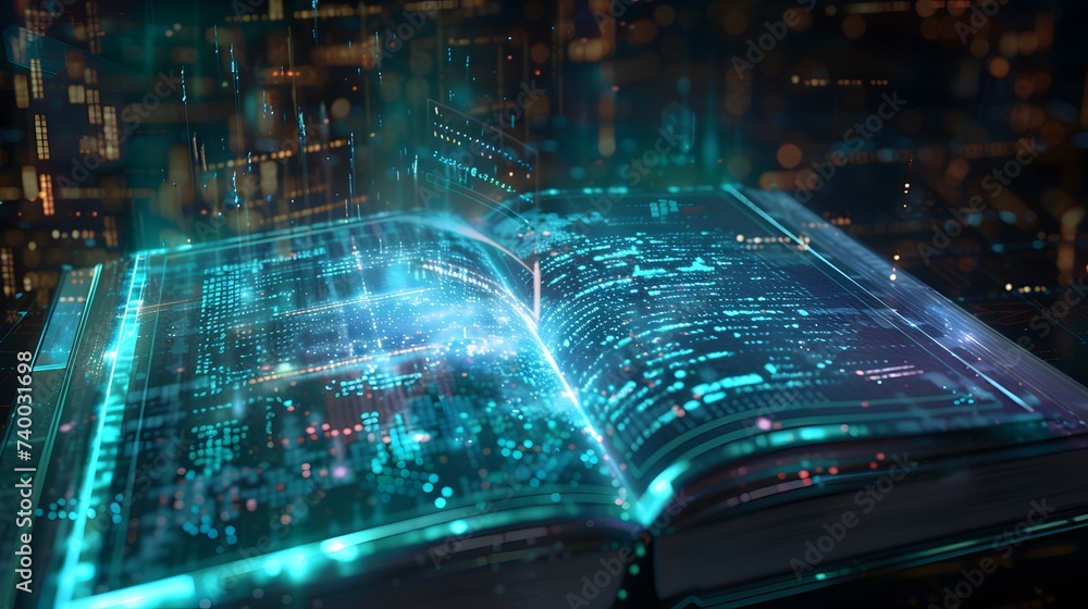 AI in Education. Digital book opening, with AI code and interactive ...