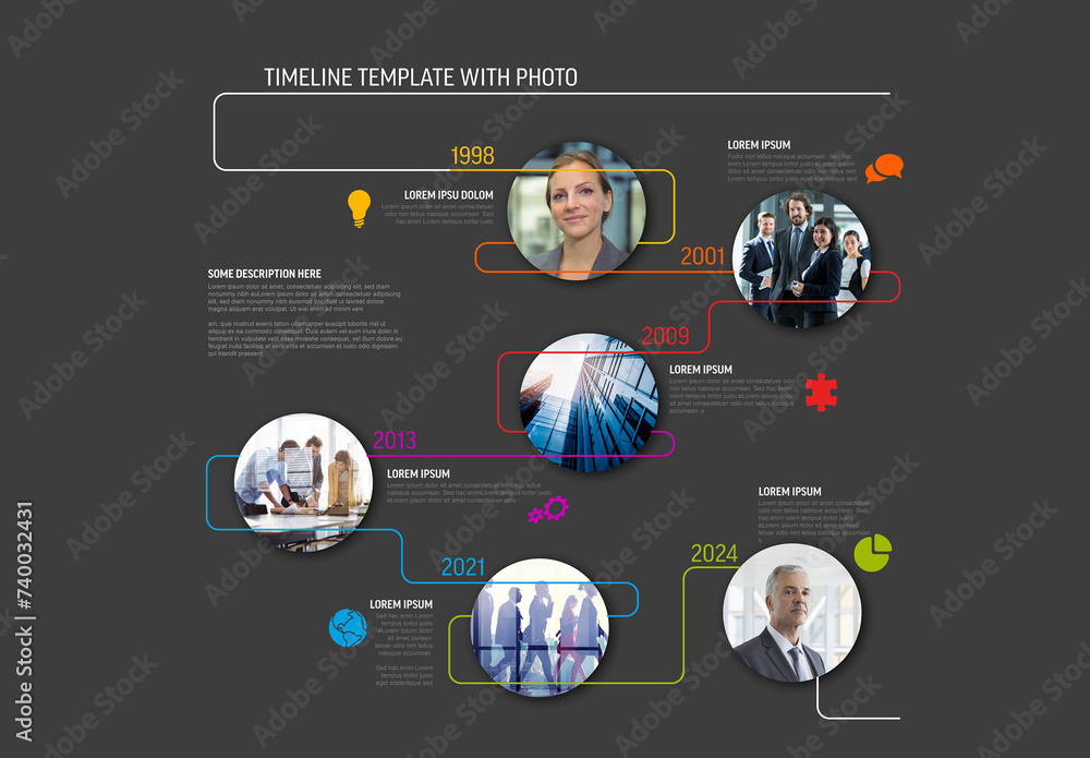 Dark Timeline template with photos in circle frames and thin line ...