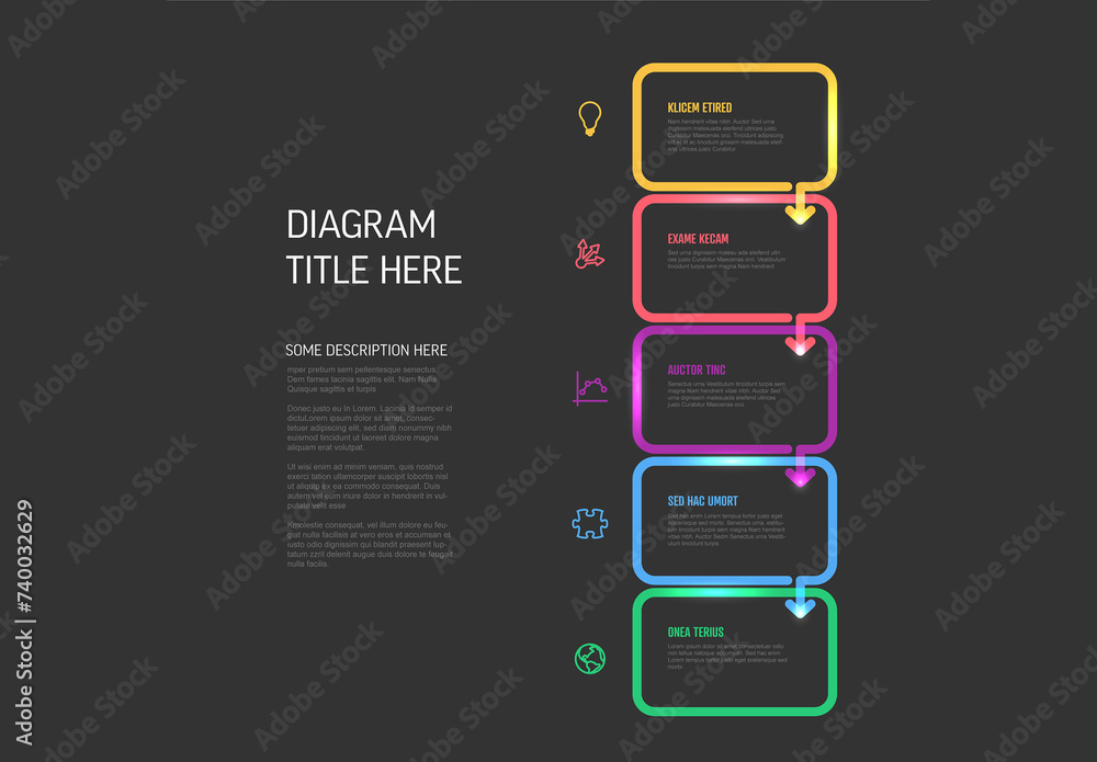 Five simple colorful steps dark vertical process infographic template ...