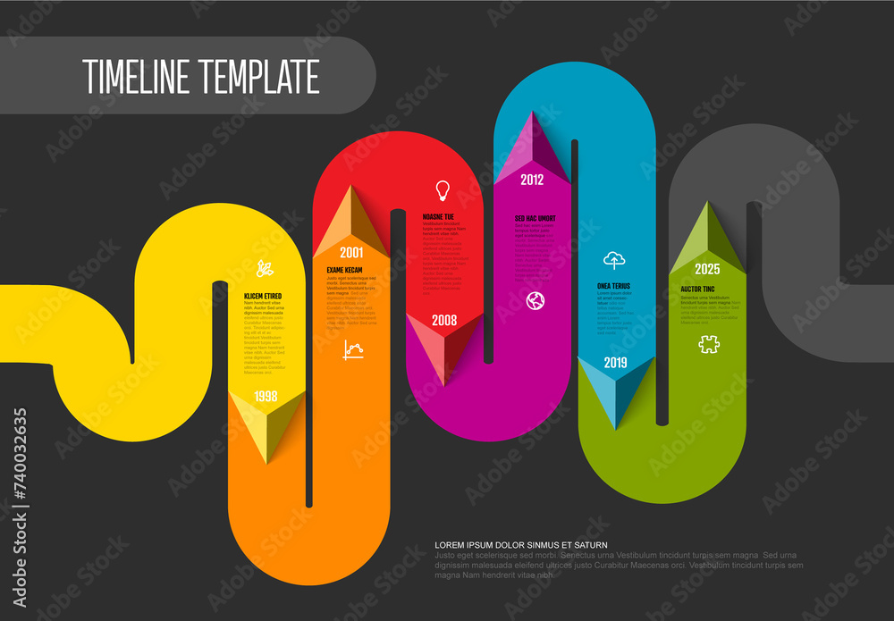 Infographic timeline template with up and down triangle arrows on thick ...
