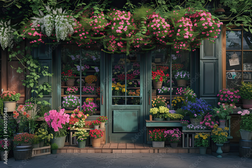 a store front view flower shop. street outdoor. beautiful flower shop ...