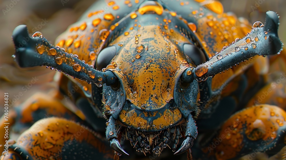 Dewdrop on a stag beetles mandible framing a medieval joust between ...