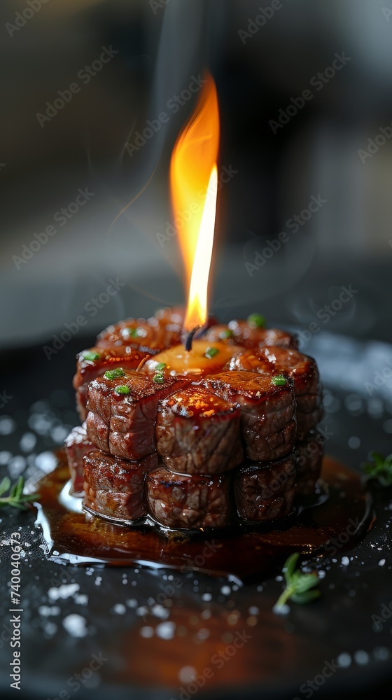 Edible candle made of beef fat served lit and melting over a steak ...