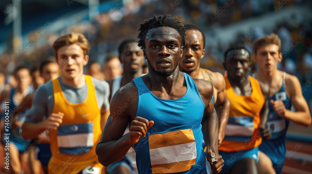 Track and field athletes run around the stadium at the Olympic ...