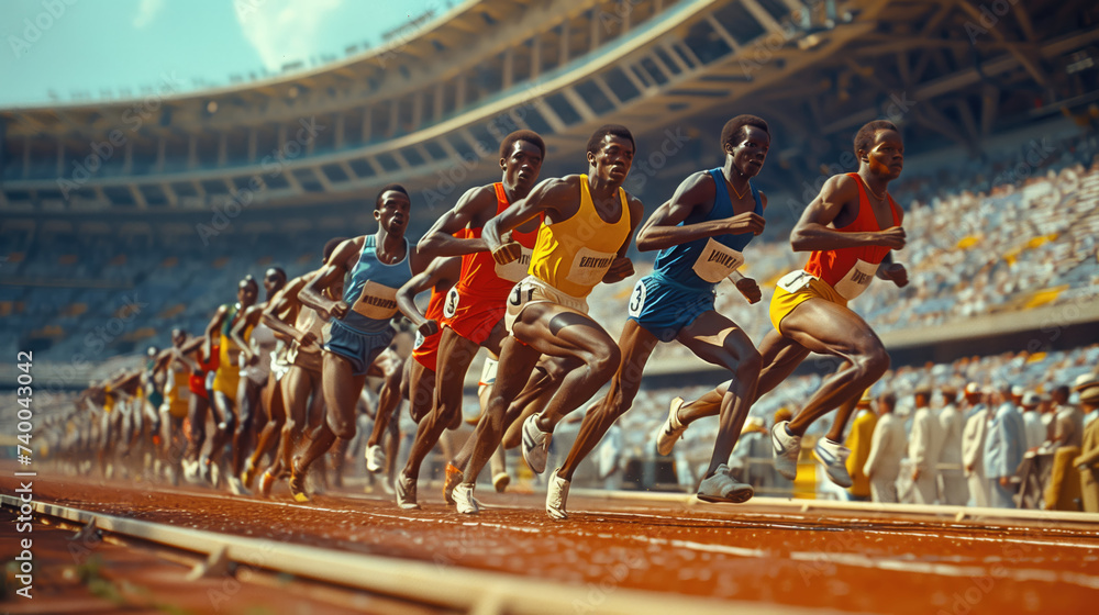 Track and field athletes run around the stadium at the Olympic ...