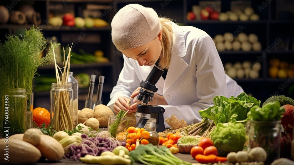 A female researcher studying microorganisms, pests of vegetables under ...