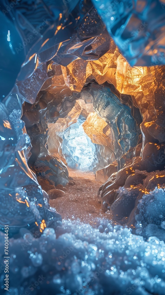 Frost on a caves entrance crystallizing into carbon atom lattices with ...