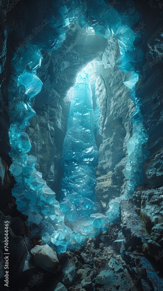 Frost on a caves entrance crystallizing into carbon atom lattices with ancient cave paintings ...