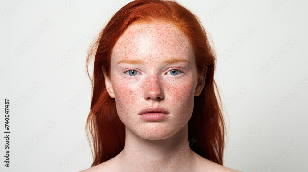 Beautiful young girl with red hair, freckles and problematic skin with ...